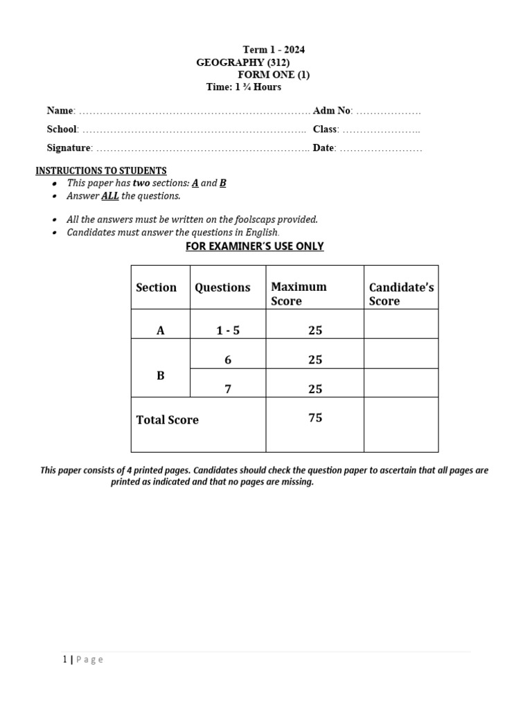 Geography Form 1 - Question Paper | PDF | Weather | Natural Environment