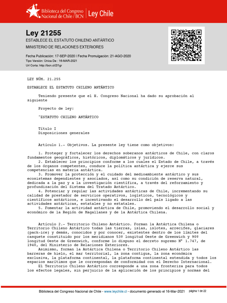 2021 Ley 21255 Estatuto Antartico | PDF | Chile | Ministerio ...