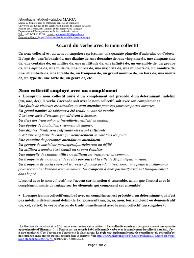 Accord du verbe avec les noms collectifs | PDF | Nombre grammatical | Verbe