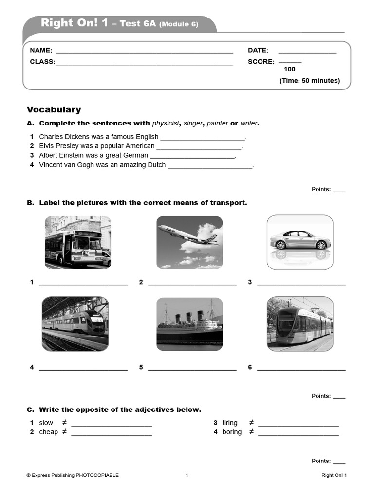 17 Right On 1 - Test 6A - Mod 6 | PDF