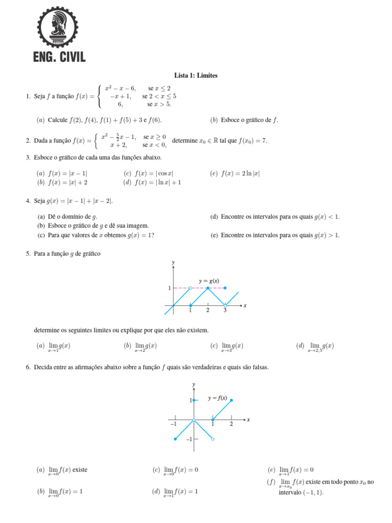 Lista de Exercícios de Cálculo 1: Limites | PDF | Função (Matemática ...