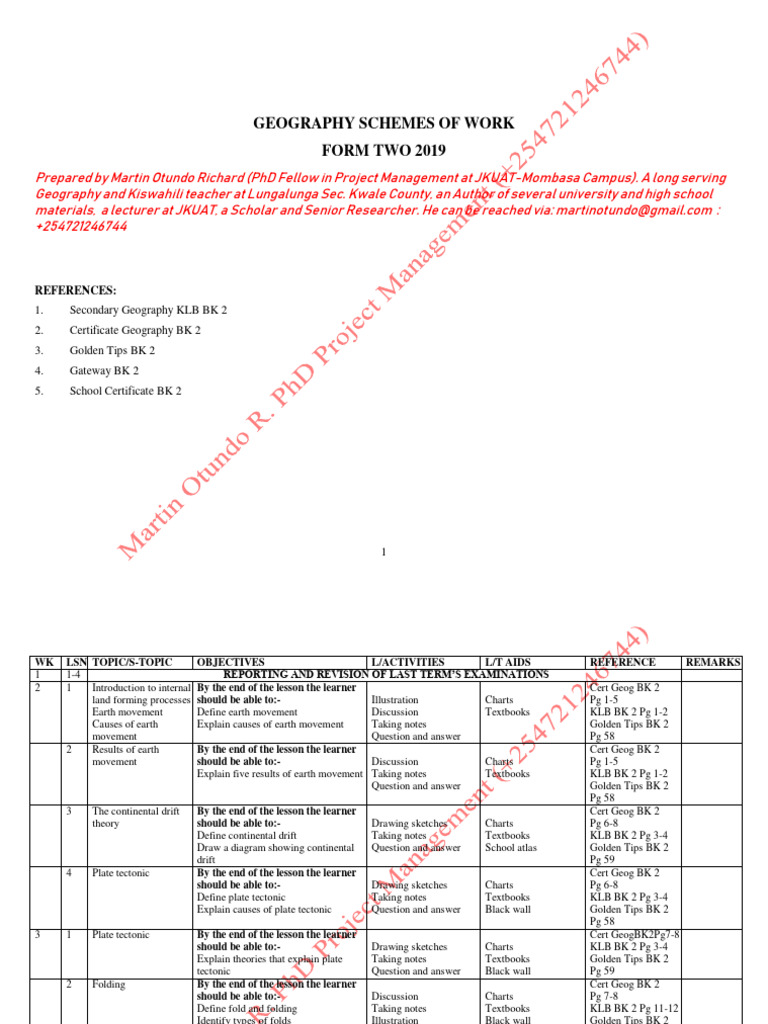 Geography Work Plan for Form Two 2019 | PDF | Volcano | Temperate Climate