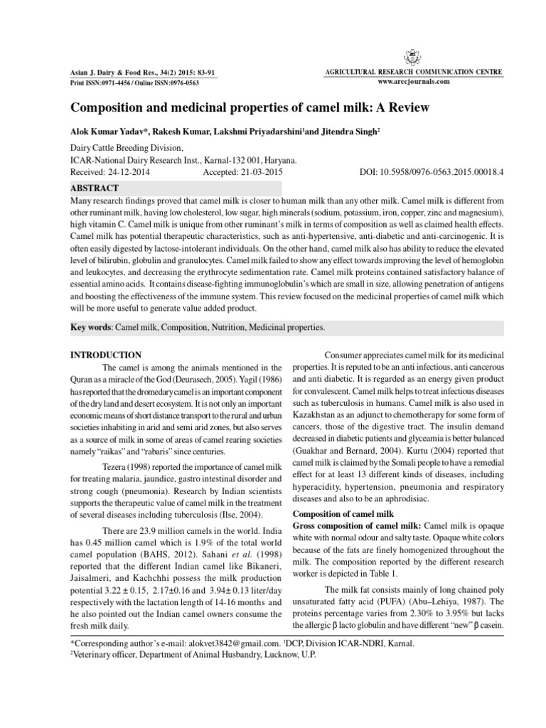 Composition - and - Medicinal - Properties - of - Camel - Milk by Day2 ...