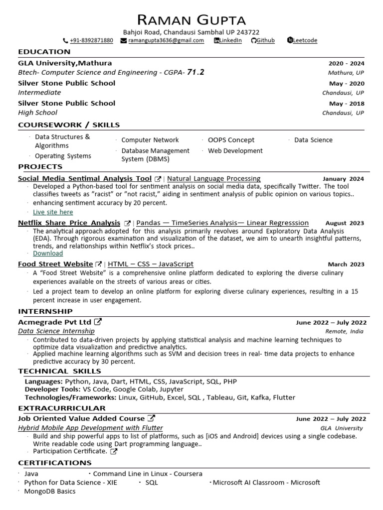 Raman Gupta Resume | PDF | Data Science | Social Media