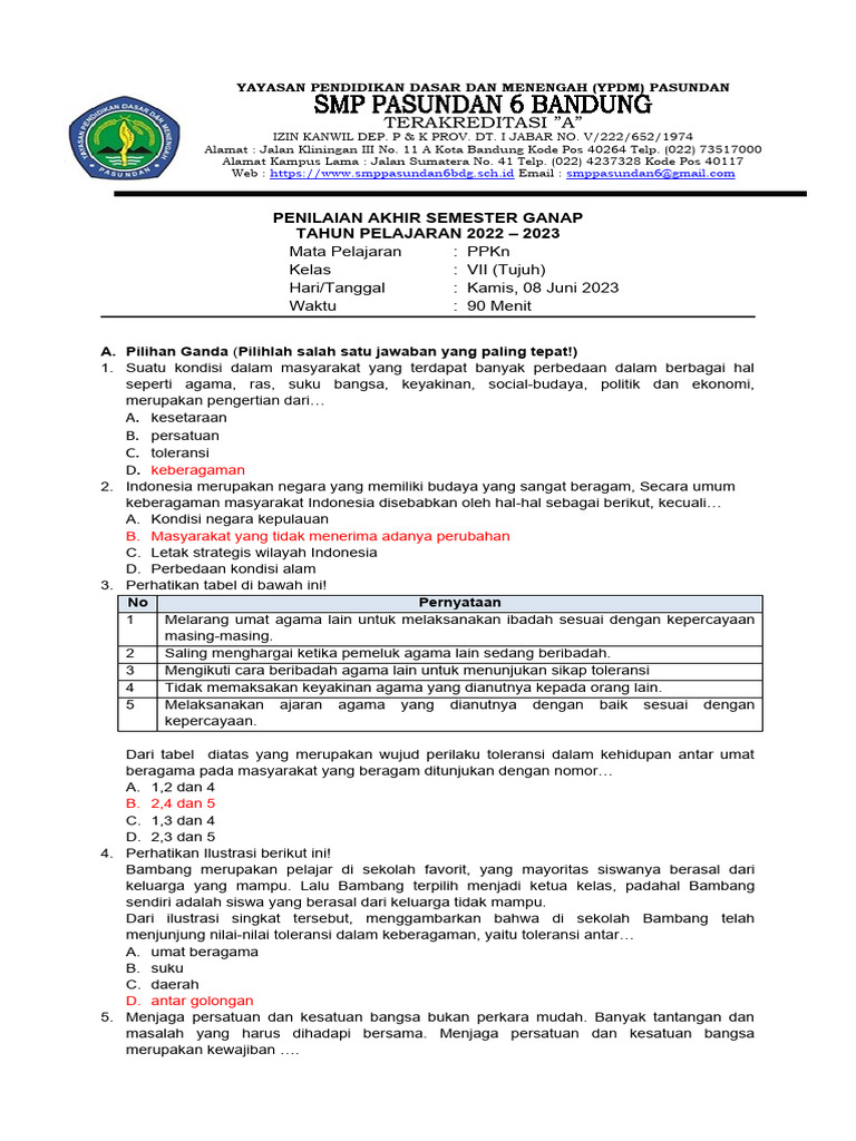 Soal PAS PKN Kelas 7 (Jawaban) Fix | PDF