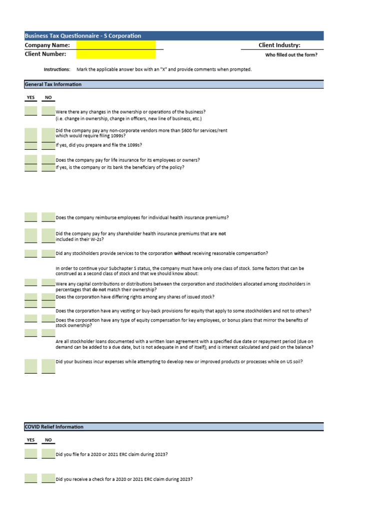 01 1120S Business Tax Questionnaire 2023 Tax Return 2 | PDF | Stocks | Insurance