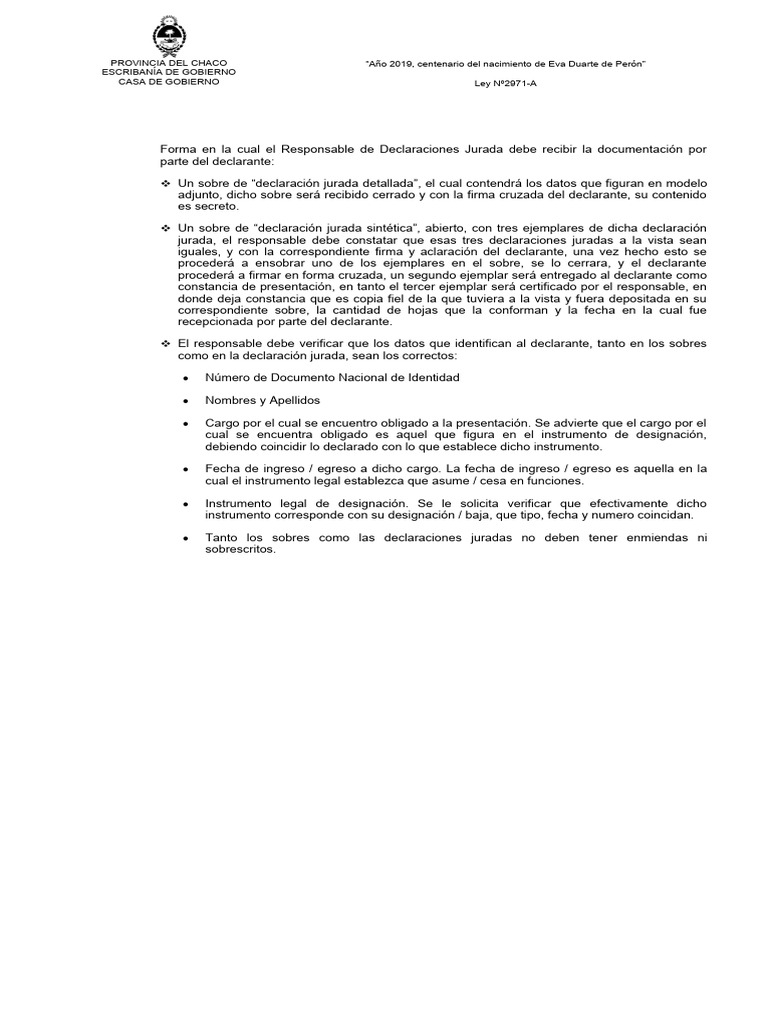 Forma en La Cual El Responsable de Declaraciones Jurada Debe Recibir La ...