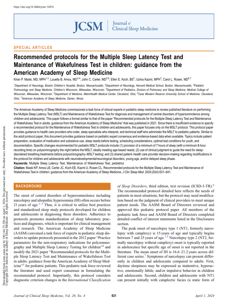 Maski Et Al 2024 Recommended Protocols For The Multiple Sleep Latency ...