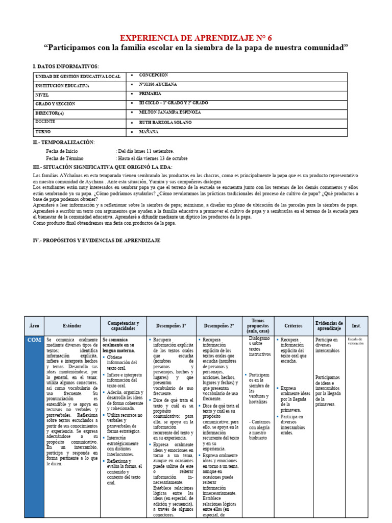 EXPERIENCIA DE APRENDIZAJE N°6 | PDF | Sustracción | Escuelas