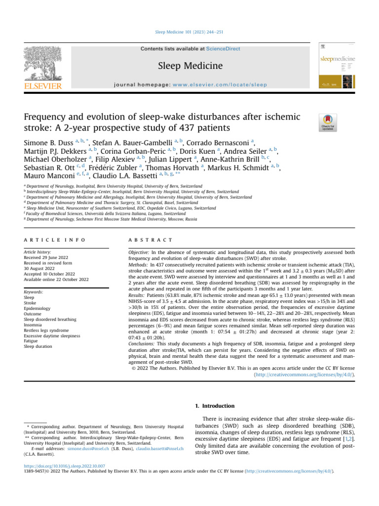 Frequency and Evolution of Sleep Disorders Stroke | PDF | Stroke | Insomnia