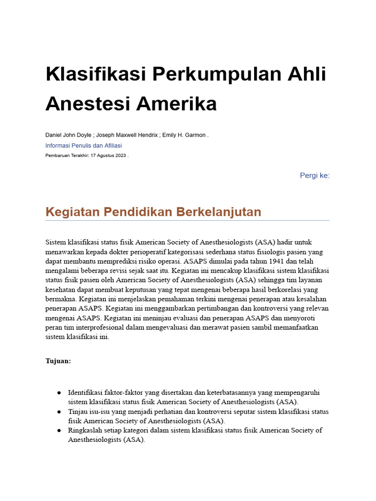 Klasifikasi ASA dalam Anestesiologi | PDF