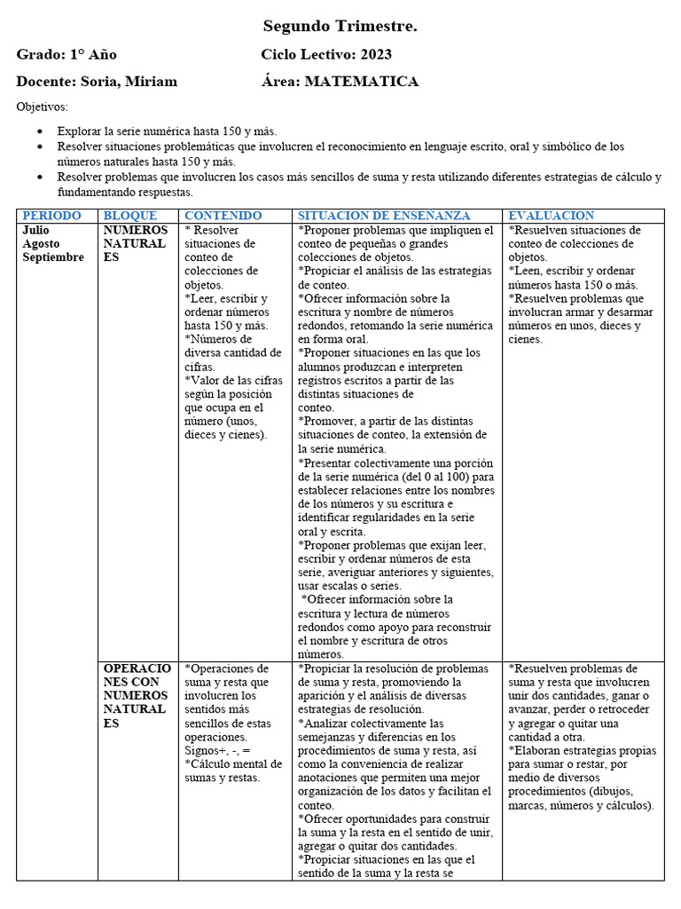 Segundo Trimestre 1° mat. | PDF | Escritura | Sustracción