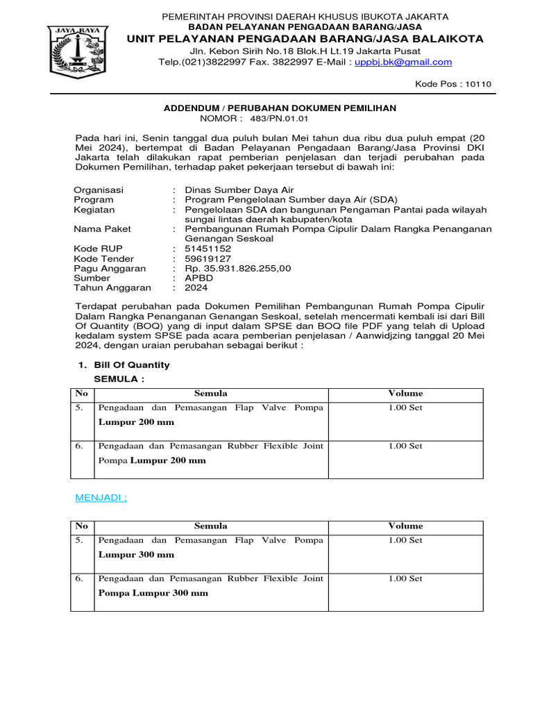 BA. Addendum Dokumen Pemilihan Pembangunan Rumah Pompa Cipulir Dalam Rangka Penanganan Genangan ...