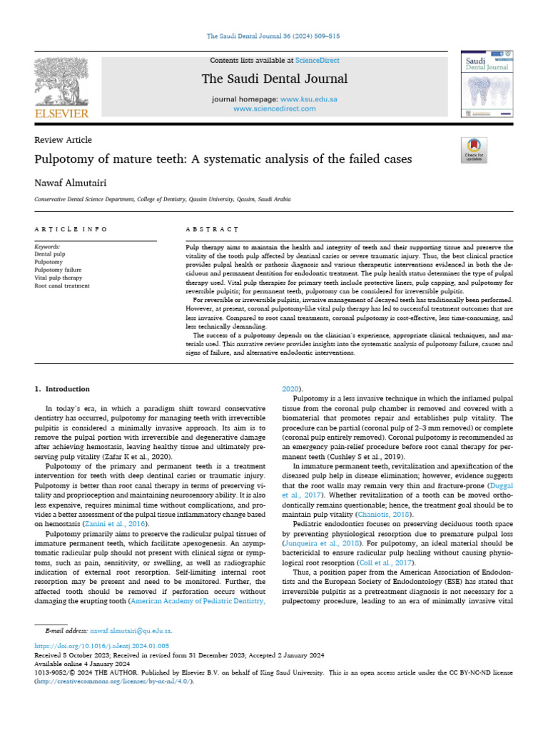 Pulpotomy of Mature Teeth- A Systematic Analysis of the Failed Cases | PDF | Human Tooth ...