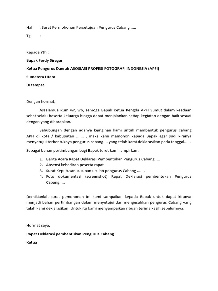 Surat Permohonan Persetujuan Pembentukan Pengcab Baru | PDF