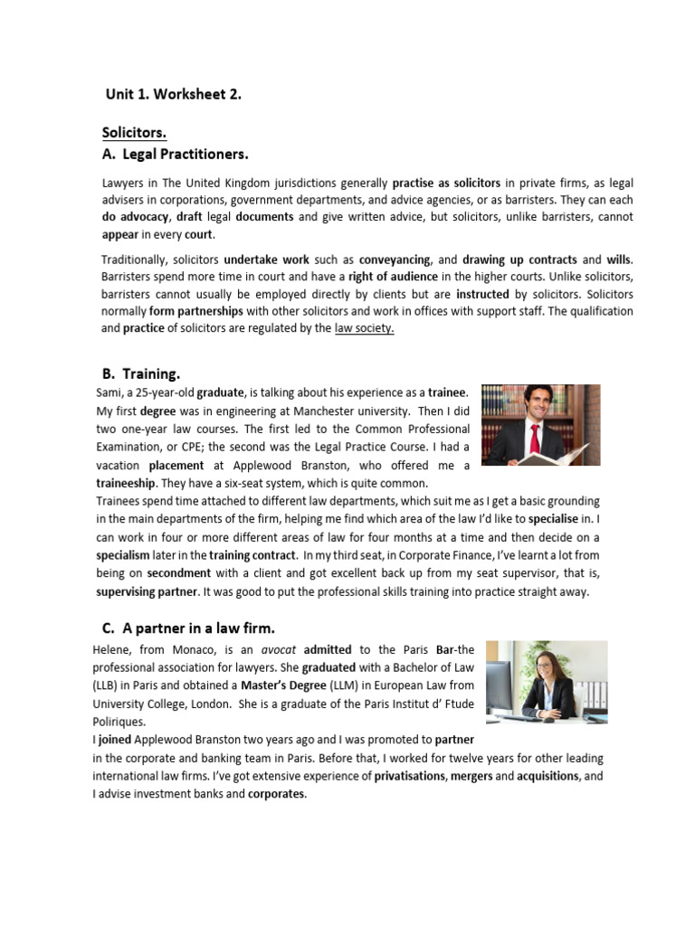 Unit 1 Worksheet 2 | PDF | Solicitor | Barrister