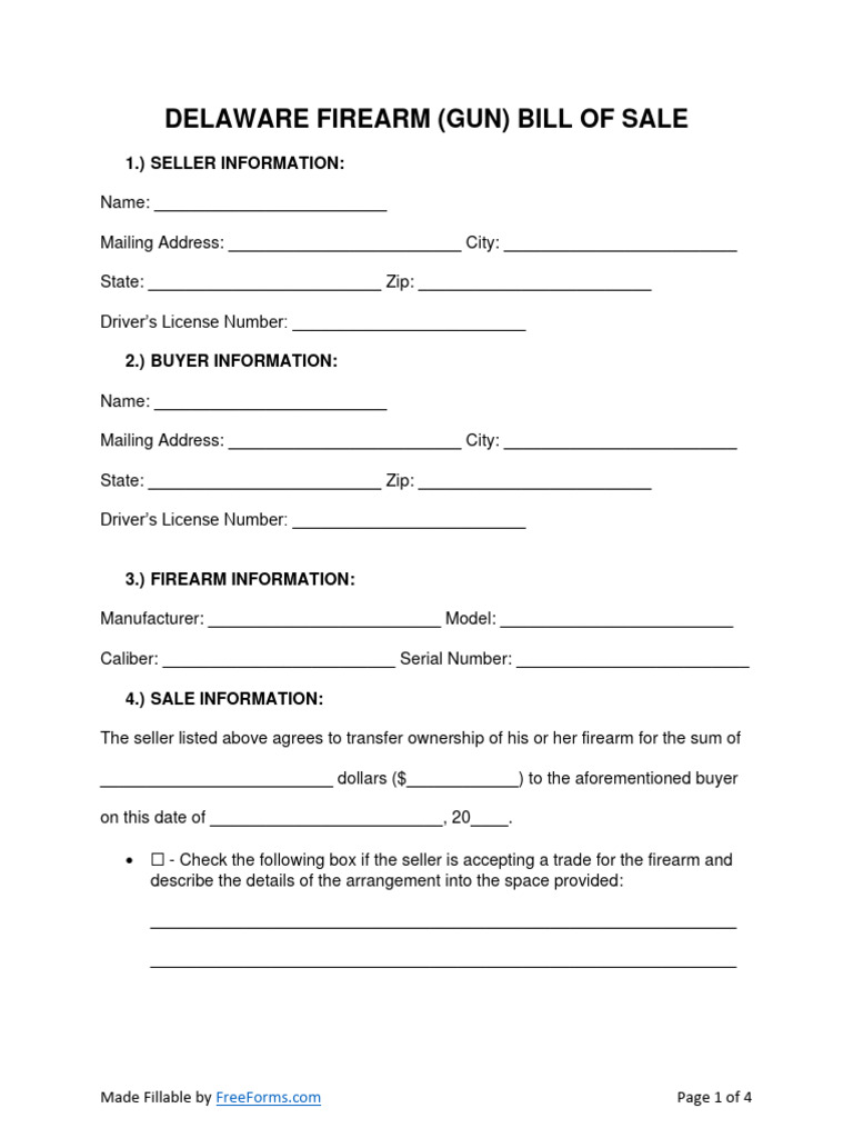 Delaware Firearm Gun Bill of Sale Form | PDF | Sales | Firearms