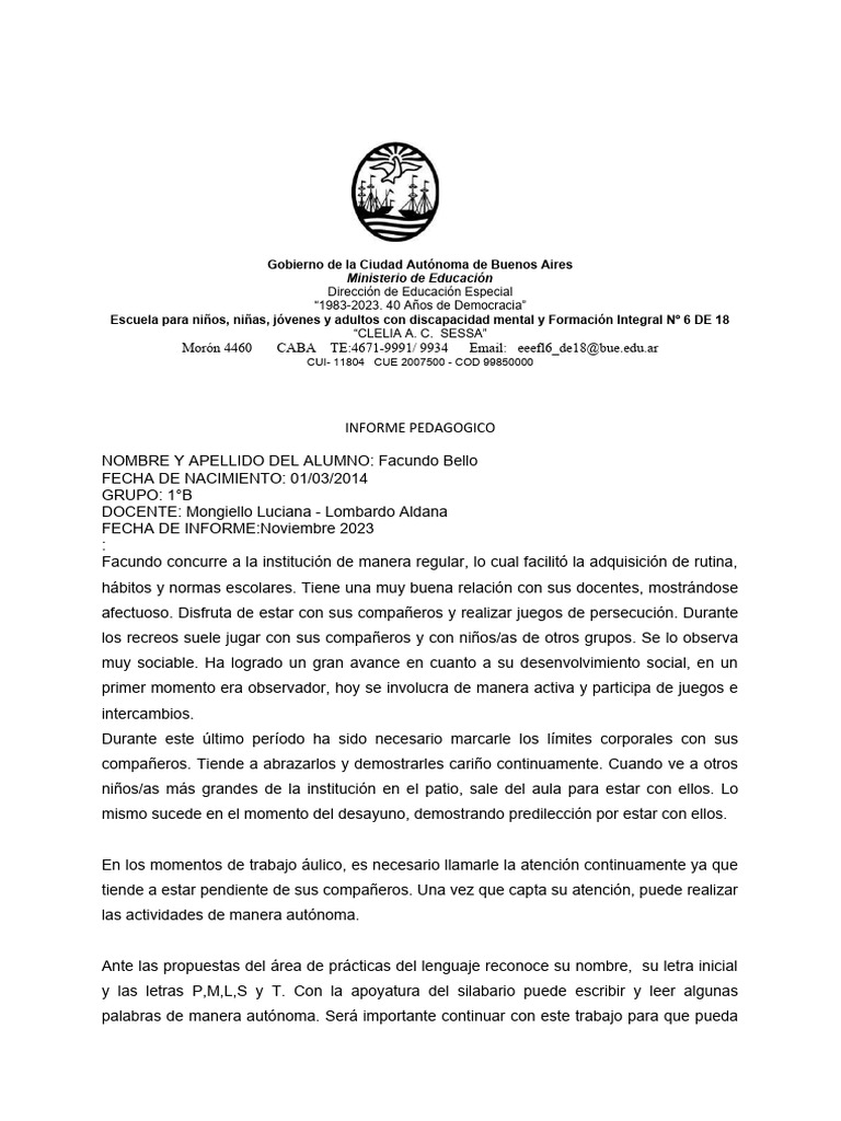 Informe Pedagógico de Facundo Bello | PDF | Literatura | Aprendizaje