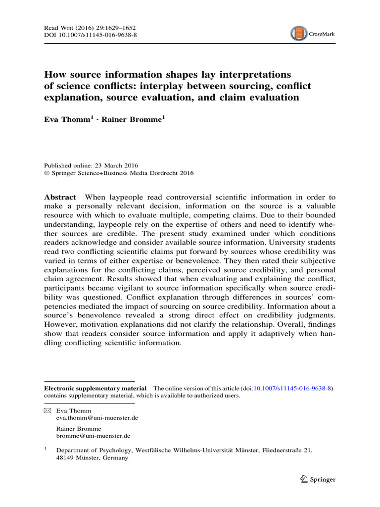 Thomm y Bromme (2016) Sourcing y Source Evaluation - Original | PDF ...