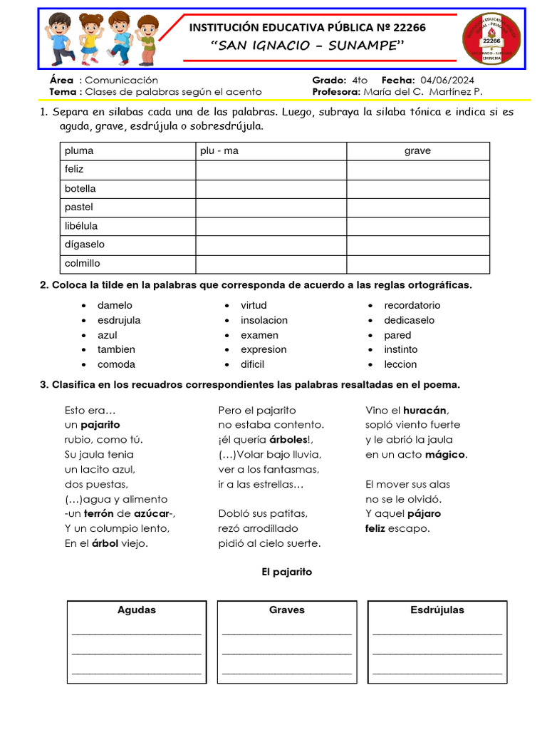 Clases de Palabras y Acentuación en 4to Grado | PDF