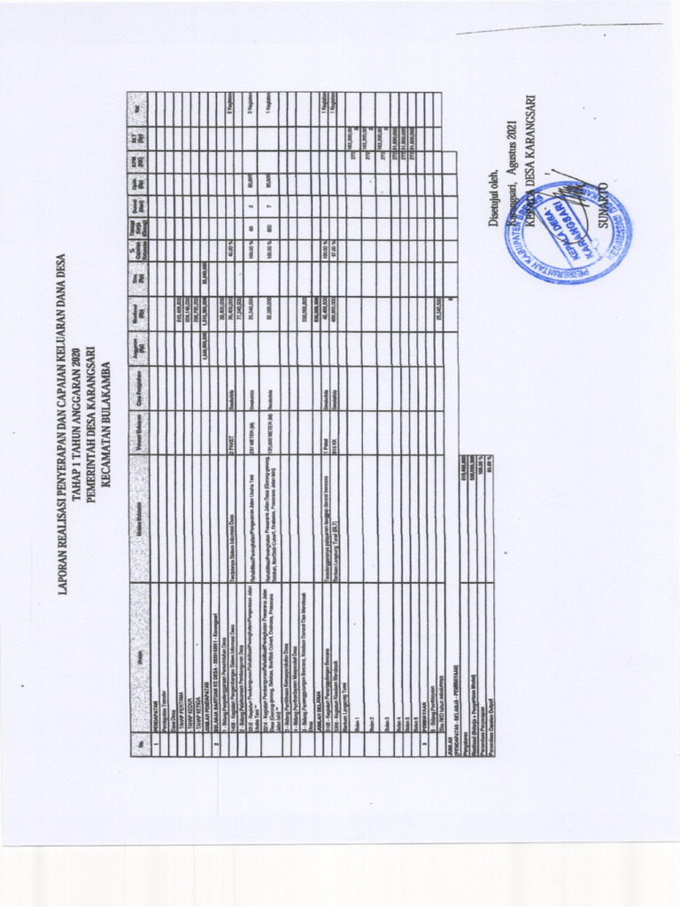 Laporan Realisasi Onspan 2020 Desa Karangsari | PDF