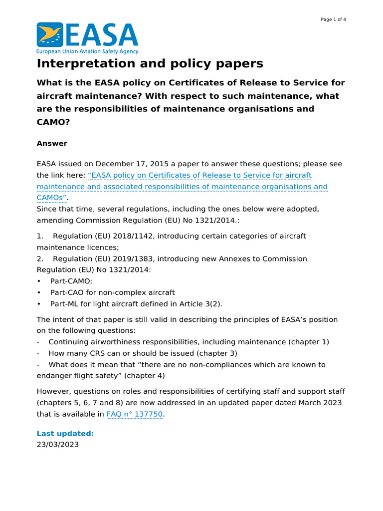 EASA - Interpretation and Policy Papers | PDF