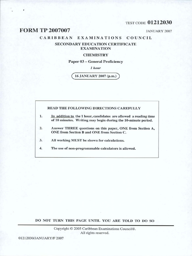 CSEC Chemistry January 2007 P3 | PDF | Hydrocarbons | Chemical Reactions