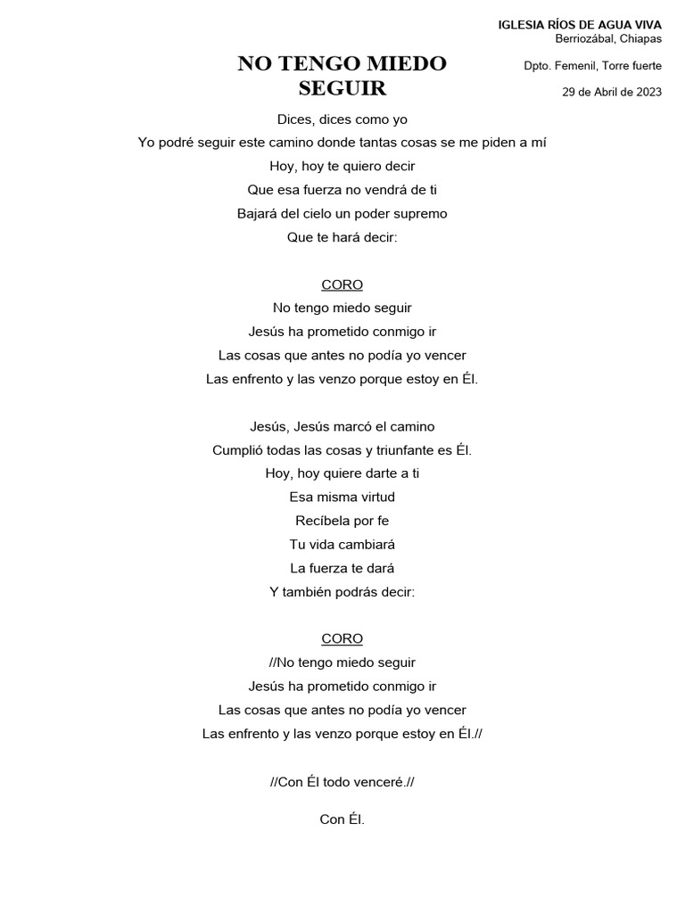 Letra "No Tengo Miedo Seguir" | PDF