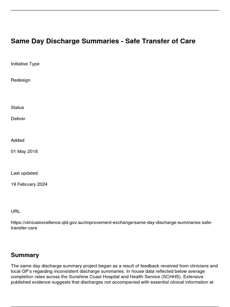 Same Day Discharge Summary Initiative | PDF | Patient Safety | Health Care
