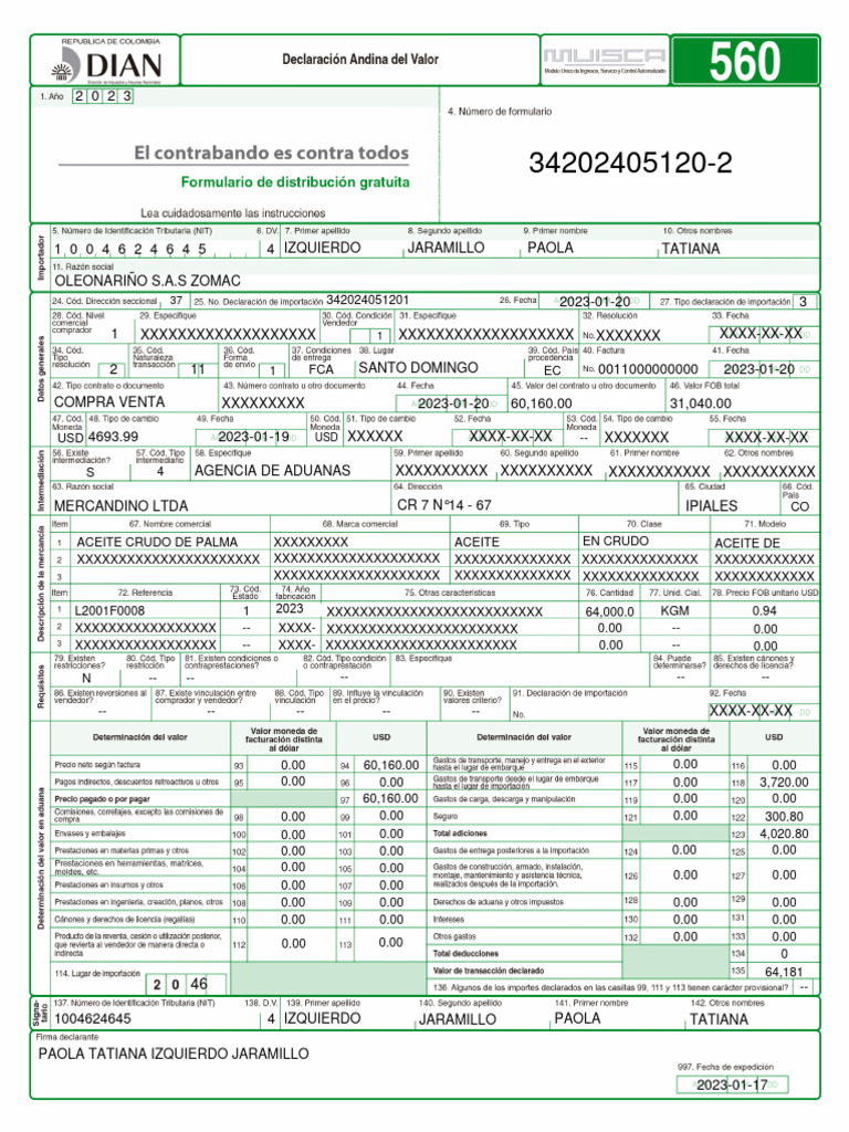 Declaración Andina de Valor Aceite Crudo de Palma | PDF