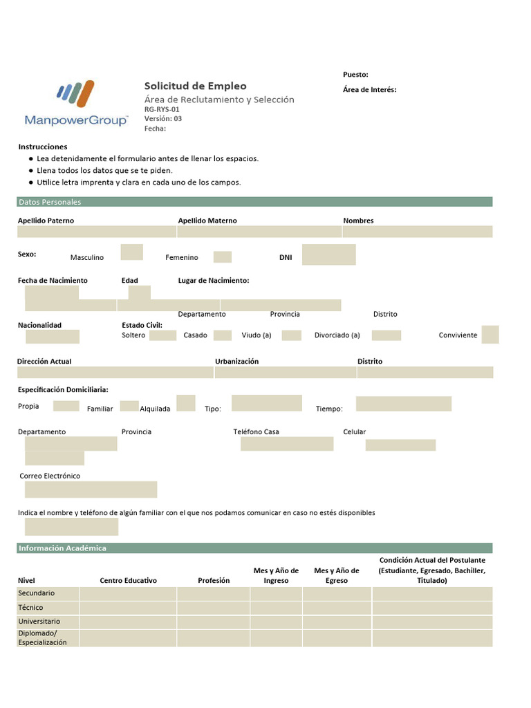 Solicitud de Empleo | PDF | Documento de identidad