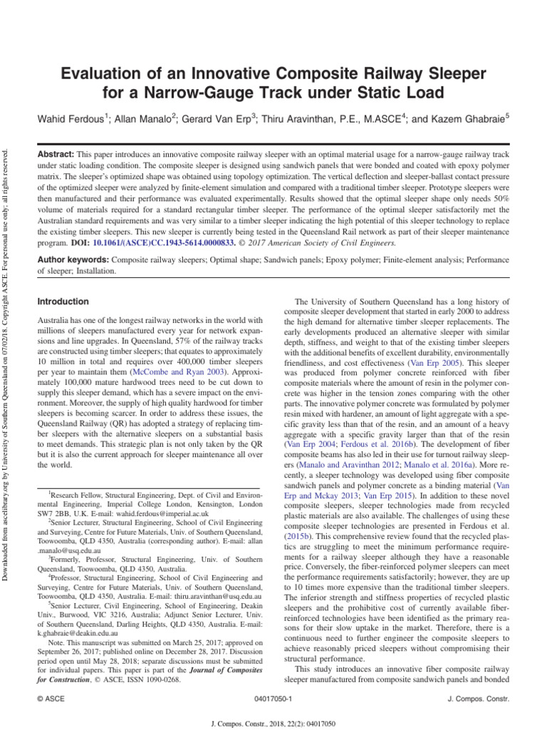 Evaluation of An Innovative Composite Railway Sleeper For A Narrow ...