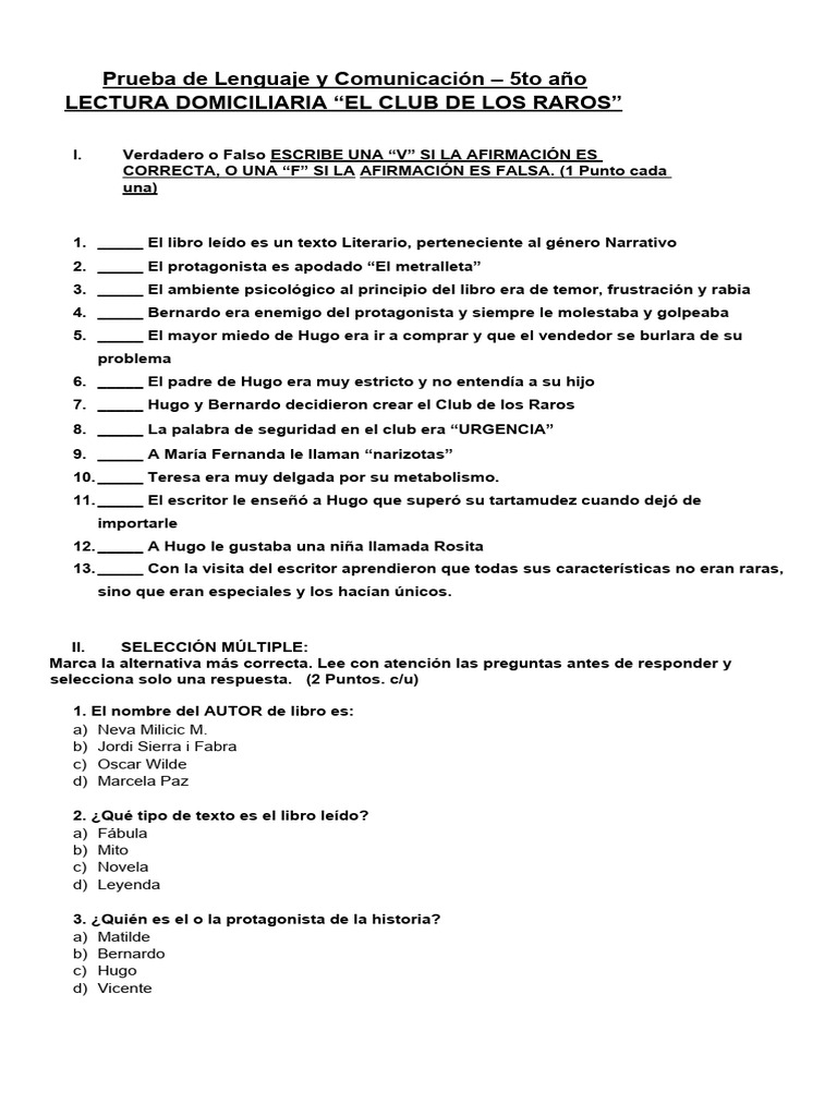 Prueba de "El Club de los Raros" | PDF