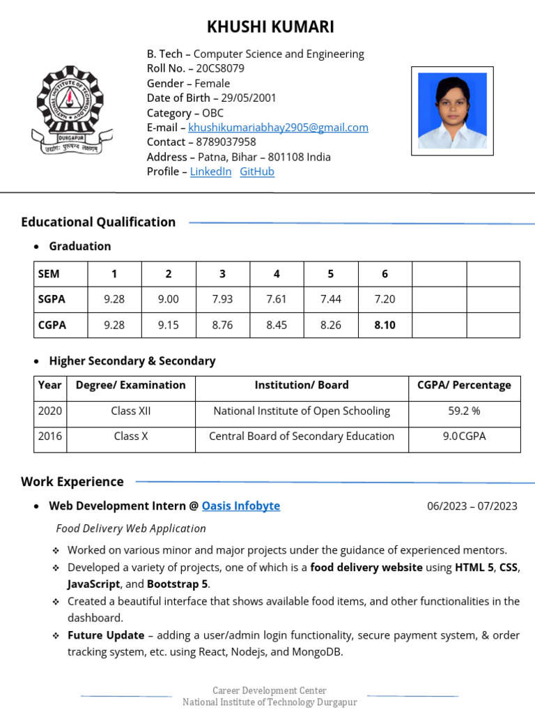 CV KHUSHI KUMARI | PDF | World Wide Web | Internet & Web