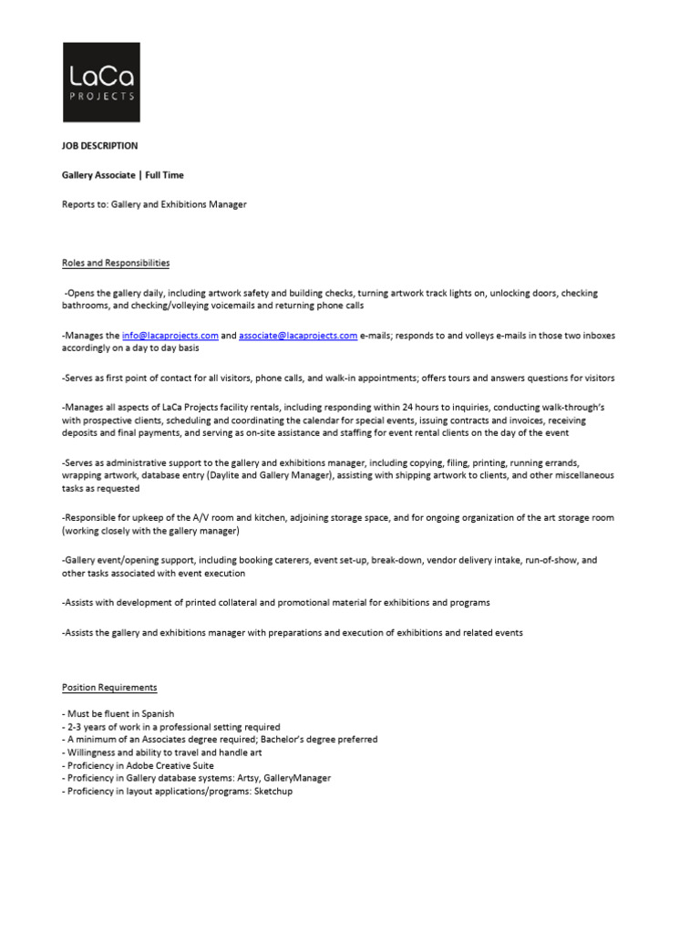 Gallery Associate Job Description | PDF