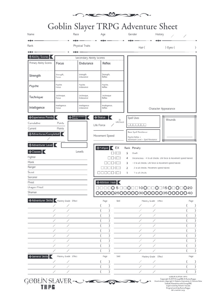 Goblin Slayer TRPG Character Sheet 1 | PDF