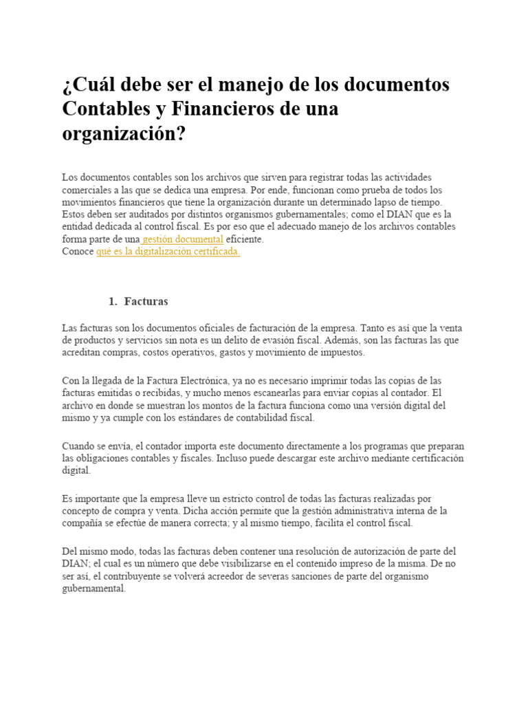 Cuál Debe Ser El Manejo de Los Documentos Contables y Financieros de Una Organización | PDF ...