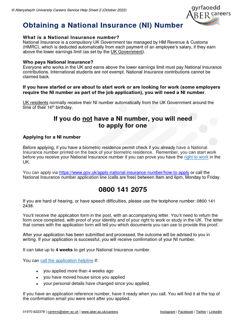 Help Sheet 02 Obtaining an NI Number En | PDF | Payments | Government ...