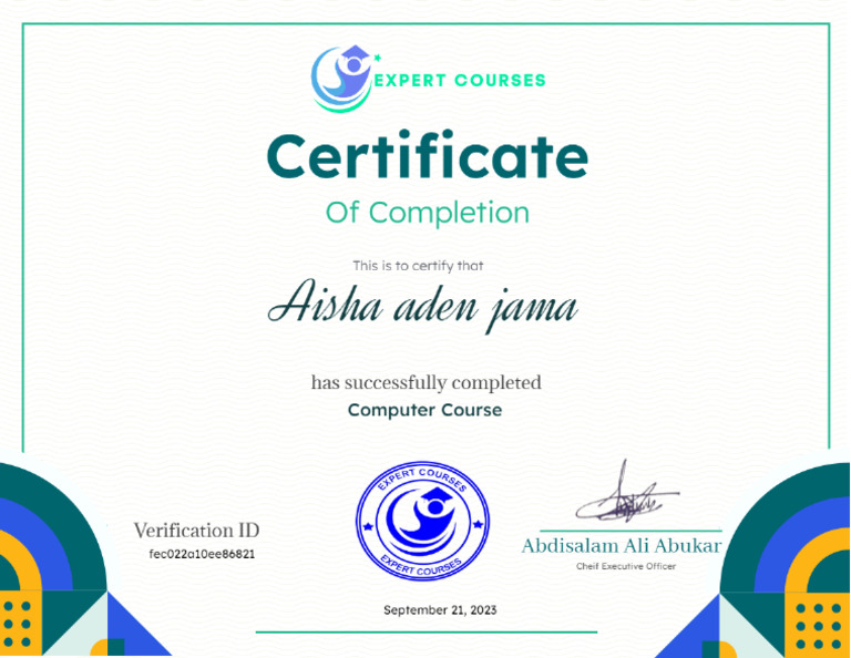 Certificate For Aisha Aden Jama | PDF