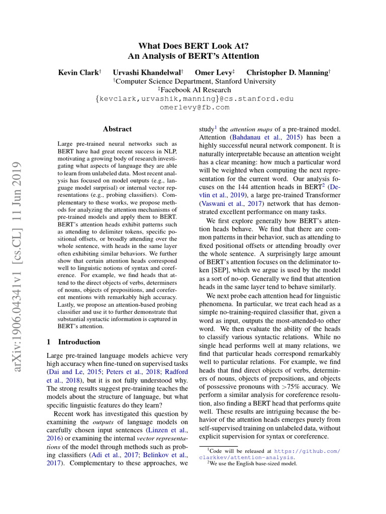 What Does BERT Look At? An Analysis of BERT's Attention | PDF ...