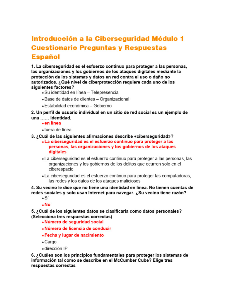 Introducción A La Ciberseguridad Módulo 1 Cuestionario Preguntas y Respuestas Español 4 | PDF ...