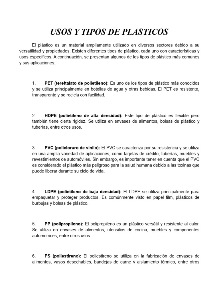 Tipos y Usos del Plástico Explicados | PDF