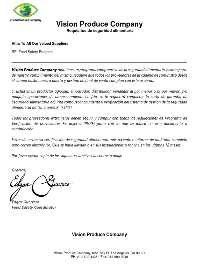 Food Safety Letter Requirements and Guarantee (Spanish) | PDF ...