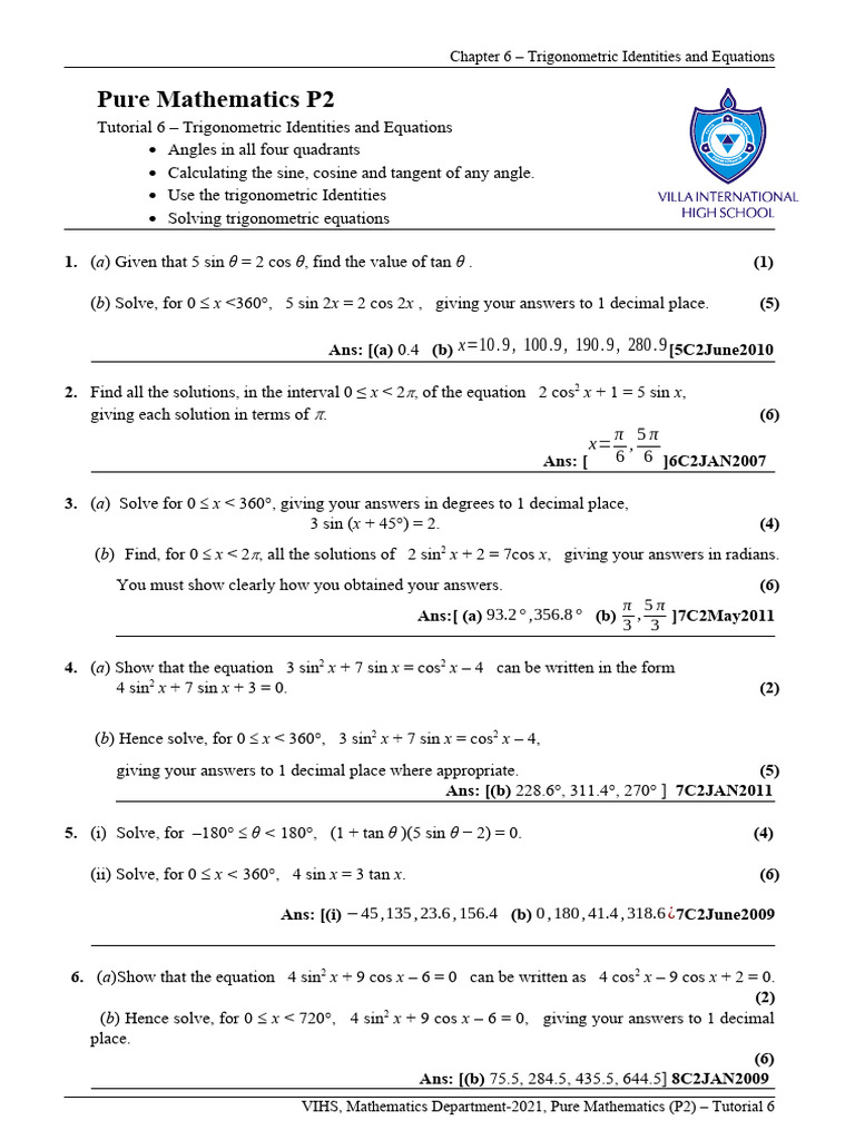 P2 Tutorial 6 Trigonometric Identities And Equations Pdf Trigonometric Functions