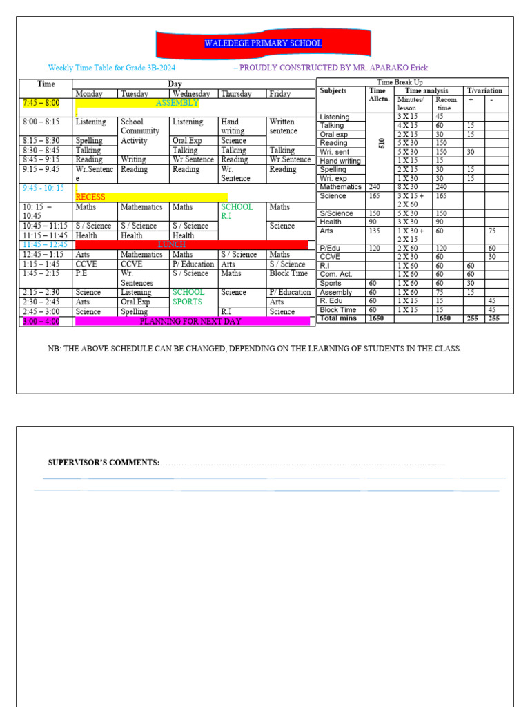Weekly Time Table for Grade 3B | Download Free PDF | Science