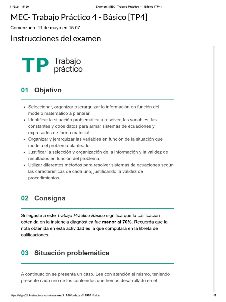 Examen - MEC - Trabajo Práctico 4 - Básico (TP4) 100% | PDF | Matriz (Matemáticas) | Ecuaciones