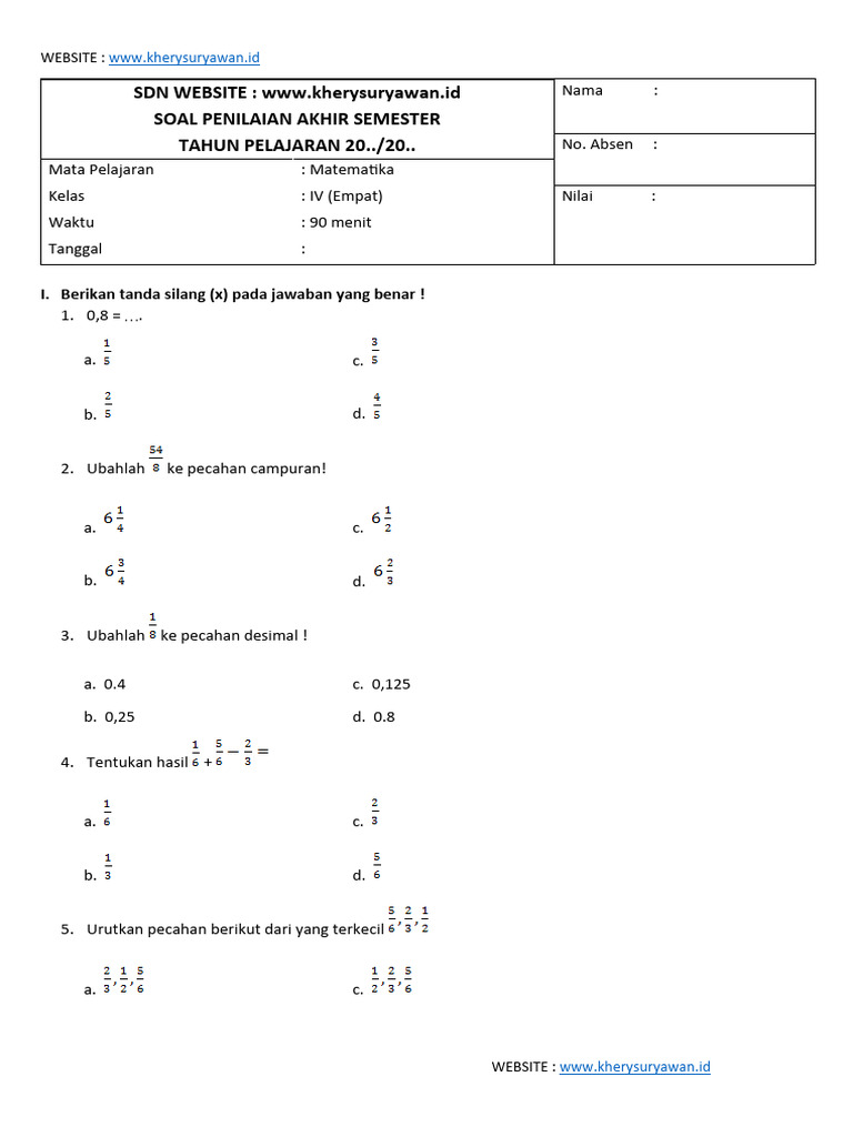 Soal & Jawaban PAS MTK Kelas 4 K-13 Ver.1 - WEBSITE WWW - Kherysuryawan.id | PDF