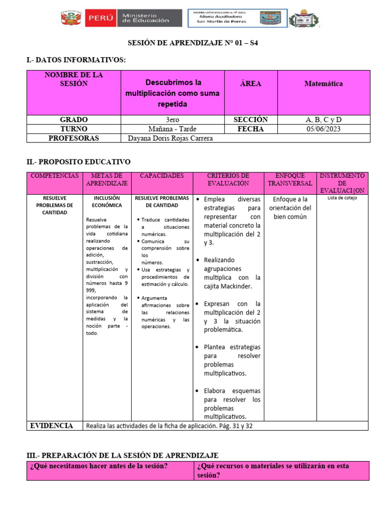 SESION N° 01 - S4 MULTIPLICAMOS COMO SUMA REPETIDA | PDF | Aprendizaje ...