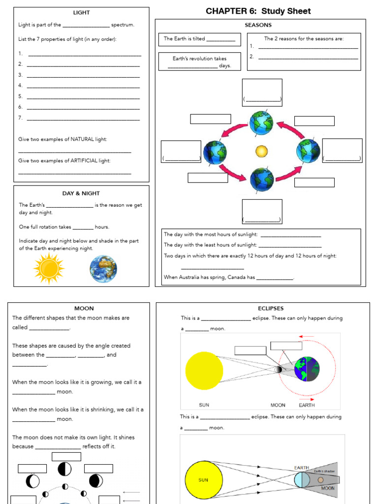 Light, Seasons, and Eclipses Study Guide | PDF | Moon | Solar Eclipse