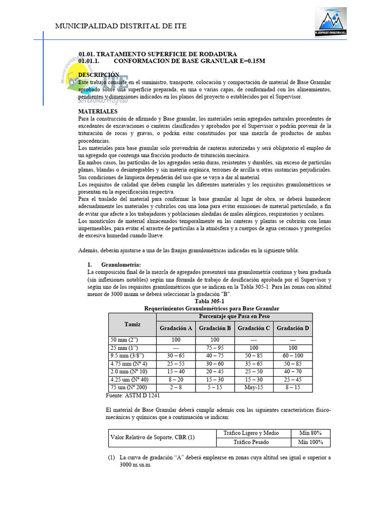 Especificaciones Técnicas Conformacion Base Granular | PDF | Hormigón | Agua